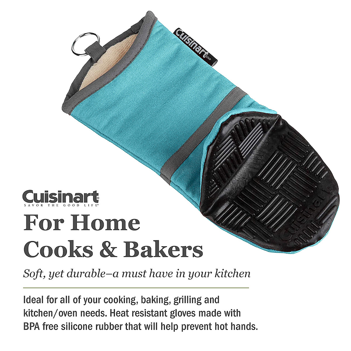 Cuisinart Silicone Oven Mitts, 2 Pack – Heat Resistant To 500 Degrees – Handle Hot Kitchen Items Safely – Non-Slip Silicone Grip Oven Gloves with Insulated Deep Pockets and Hanging Loop – Aqua