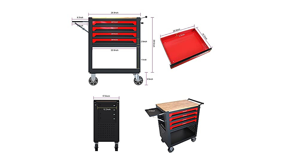 Heavy-Duty 36" Rolling Tool Cart with Wooden Top