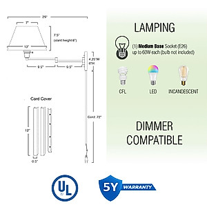 Kira Home Cambridge 15" Swing Arm Wall Lamp - Plug in/Wall Mount, Opaque Paper Shade, 150W 3-Way + Cord Covers, Black Finish