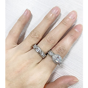 KUYIUIF 2 Pcs Retro Luxury Ring Set 925 Sterling Silver Shiny Full Diamond AAA Cubic Zirconia Solitaire Rings CZ Diamond Ring Set Eternity Engagement Wedding Band Set (7)