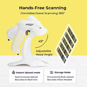 Wireless Bluetooth Barcode Scanner, QR Code Scanner, USB Portable Handheld Scanners w/Stand Connect w/Tablet/Phone/PC, 1D & 2D Inventory Scanner, Symbol Barcode Scanner for Retail & Warehouse, White