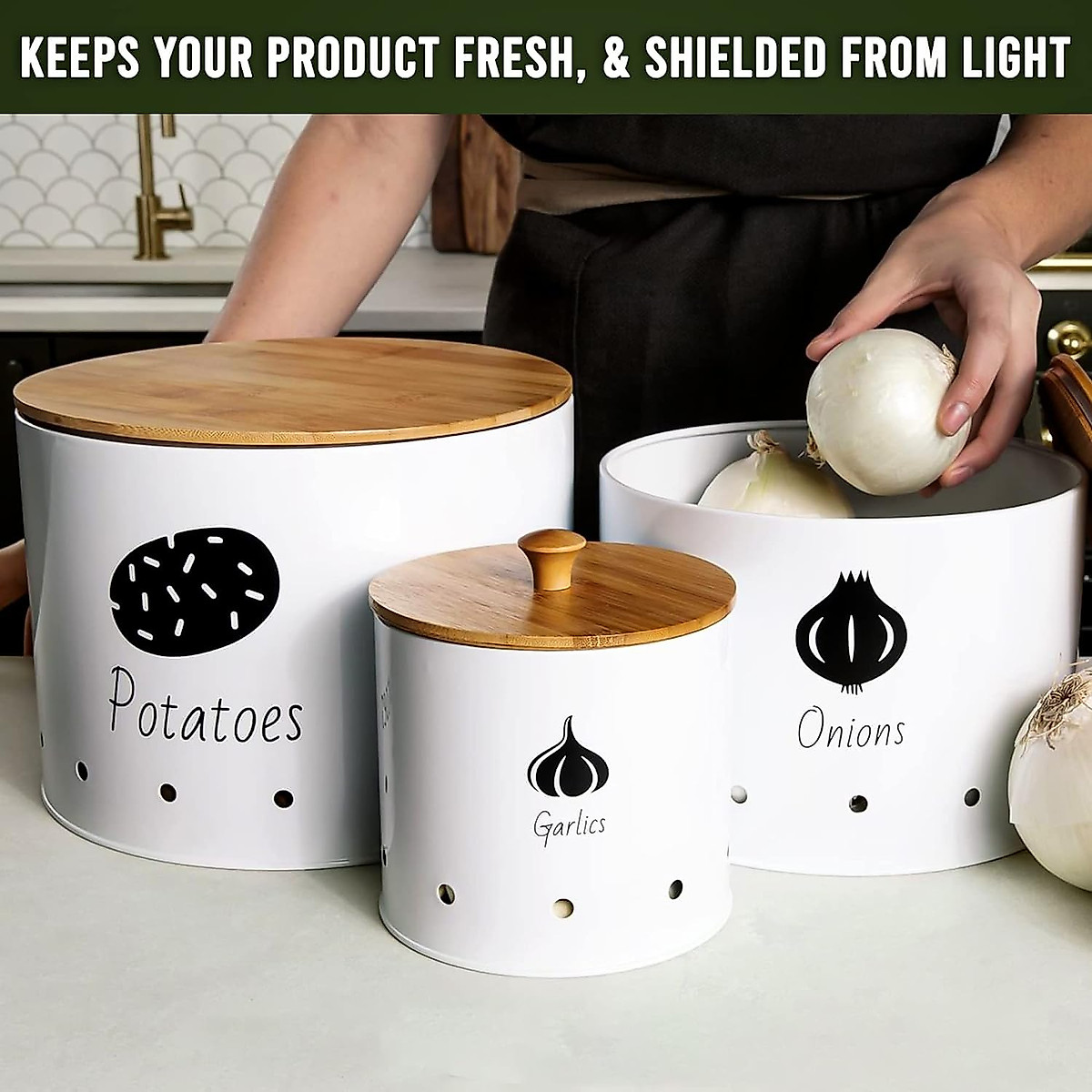 Potato and Onion Storage Bin with Wooden Lid – Set of 3 Garlic, Onion, And Potato Storage for Pantry - Potato Onion Kitchen Storage Canisters – Aerating Tin Storage Holes Keeps Vegetable Fresh