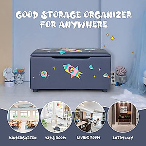 HONEY JOY Kids Wooden Toy Box, 2 In 1 Large Toy Storage Chest with Padded Cushion Seat, Carry Handles, Faux Leather Toddler Toy Storage Bench for Nursery, Bedroom, Playroom (Astronaut)