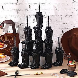 Hoolerry 12 Pcs 10 oz Plastic Cowboy Boot Cups with Straws and Lids Plastic Cowboy Cups for Western Themed Party Supplies and Rodeo Party Decorations (Black)