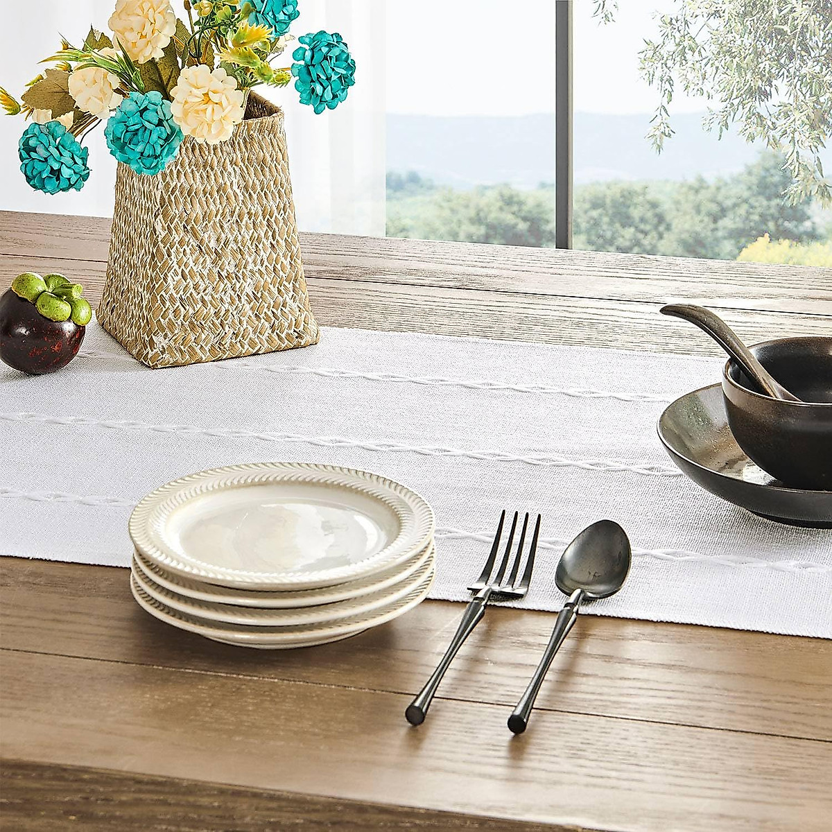 ZeeMart Farmhouse Table Runner, Rustic Table Runners 48 Inches Long, Linen Boho Table Runner, Braided Striped White Table Runner for Dining Party Holiday, 15x48 Inches, Braided Off White