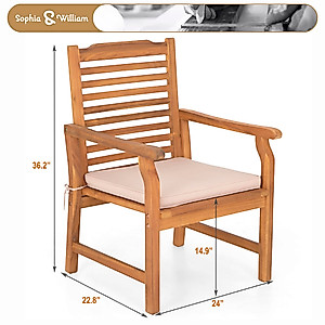 Sophia & William 2 Pieces Acacia Wood Patio Dining Chairs with Cushions, Outdoor Oil Finish Middle Back Wooden Armchairs Set of 2, Natural Wood Chairs for Porch Yard Balcony Deck, Teak