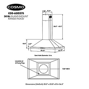 COSMO COS-63ISS75 30 in. Lumin Collection 380 CFM Ducted Island Range Hood, Soft Touch Controls, LED Lights, Stainless Steel
