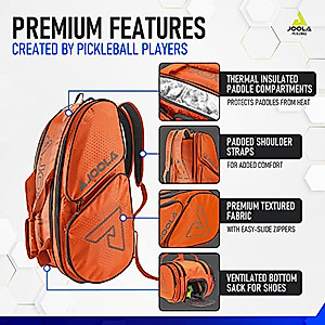 JOOLA Tour Elite Pickleball Bag – Backpack & Duffle Bag for Paddles & Pickleball Accessories – Thermal Insulated Pockets Hold 4+ Paddles - with Fence Hook Orange/Gray