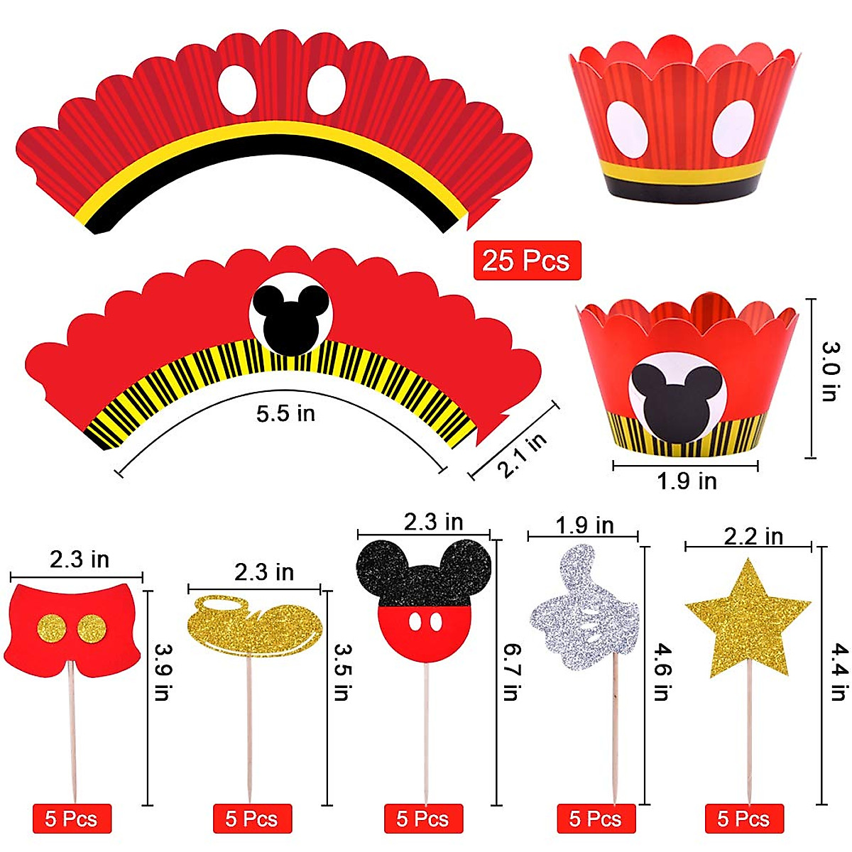 Mickey Cupcake Toppers Wrappers Kids Birthday Micky Party Supplies-25 Topper 25 Wrappers