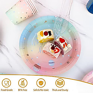 Pastel Party Decorations - Plates, Cups, Napkins & Sturdy Silverware for Rainbow Baby Shower, Birthday or Girl Pajama Party - Serves 16