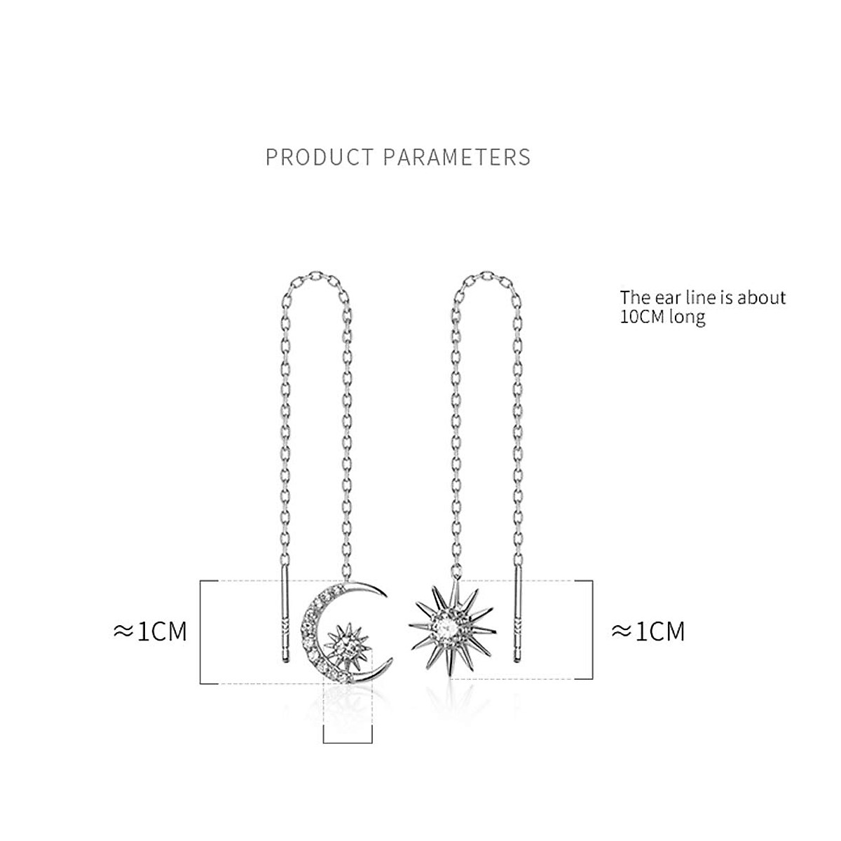 Crystal Crescent Moon Star Tassel Threader Chain Earrings S925 Sterling Silver Asymmetrical Dainty CZ Crystal Dangling Sun Long Chains Earring Jewelry for Women Girls (White Gold)