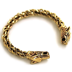 LynnAround Big Size Bronze Norse Viking Fenrir Wolf Head Twisted Cable Bangle Cuff Bracelet Arm Ring Pagan Jewelry (8.50, Weave Body)