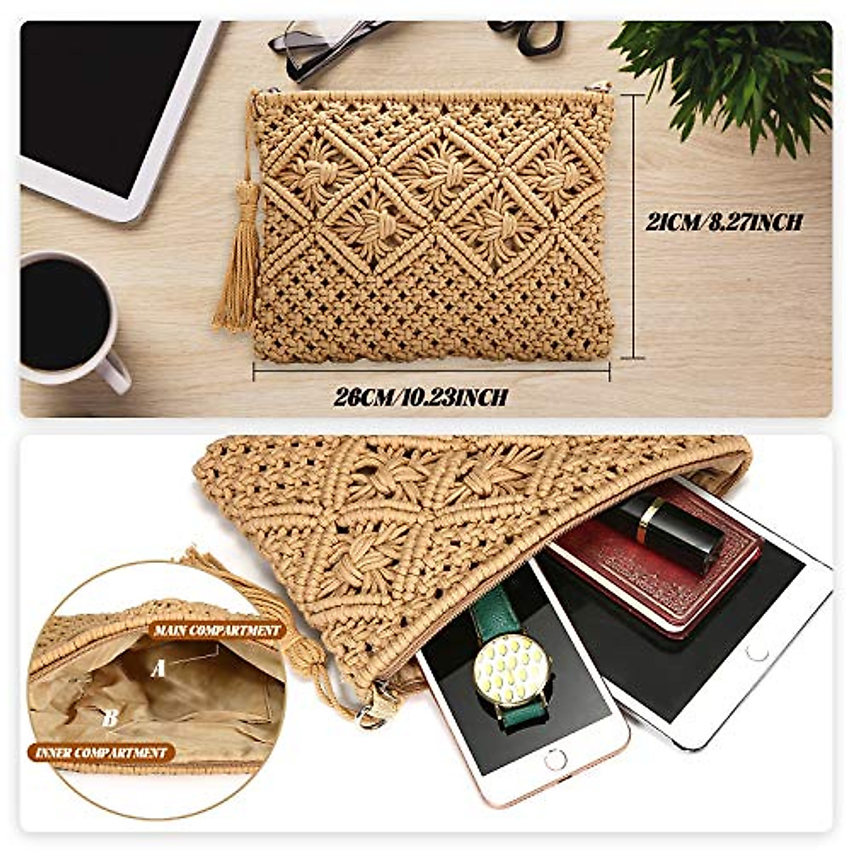 Clutch Purses for Women, JOSEKO Tassel Straw Handbag Vintage Handwoven Bag Summer Beach Bag Camel Brown