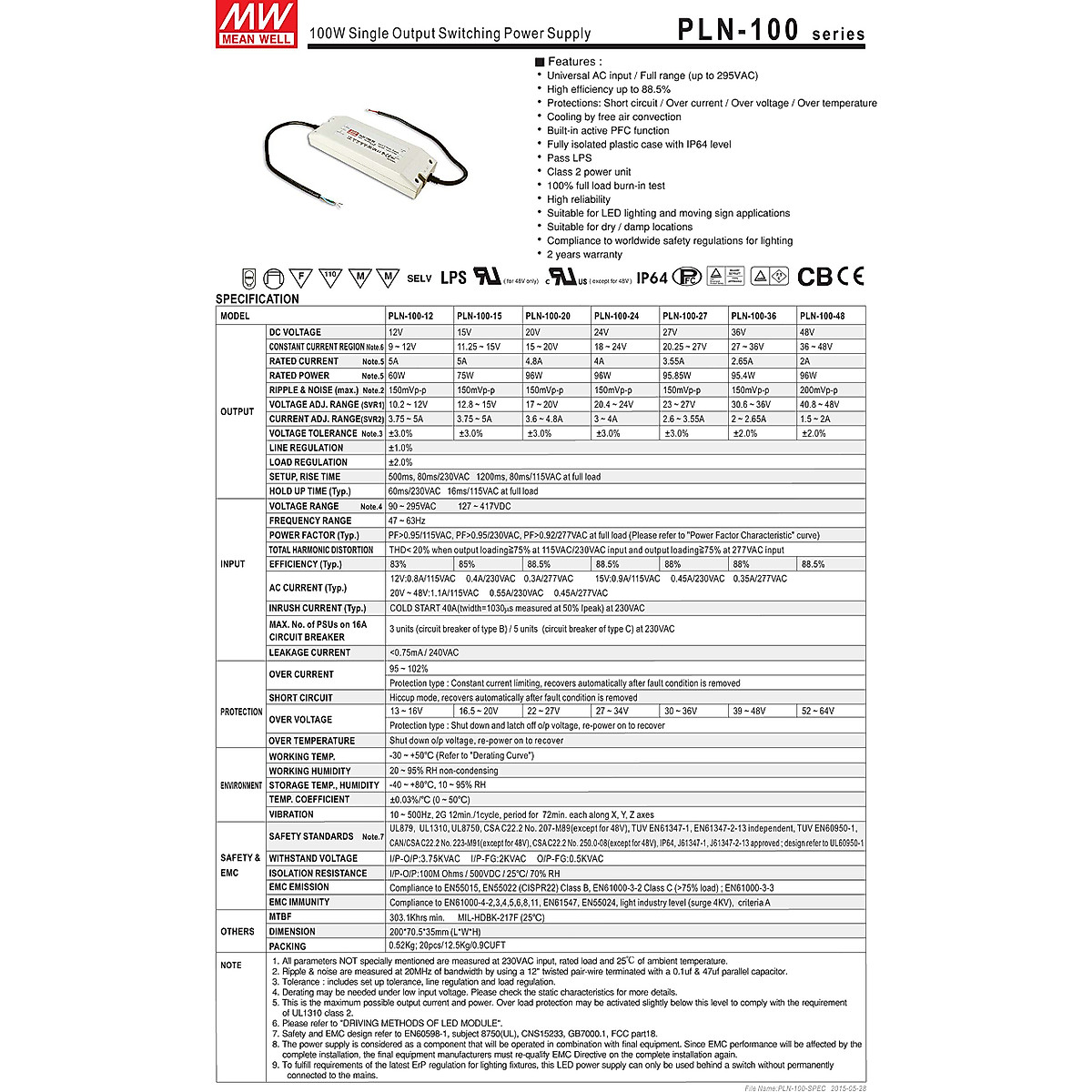 MEANWELL PLN-100-20 Single Output, 100 Watts, 20v, LED Power Supply with NO 277 VAC