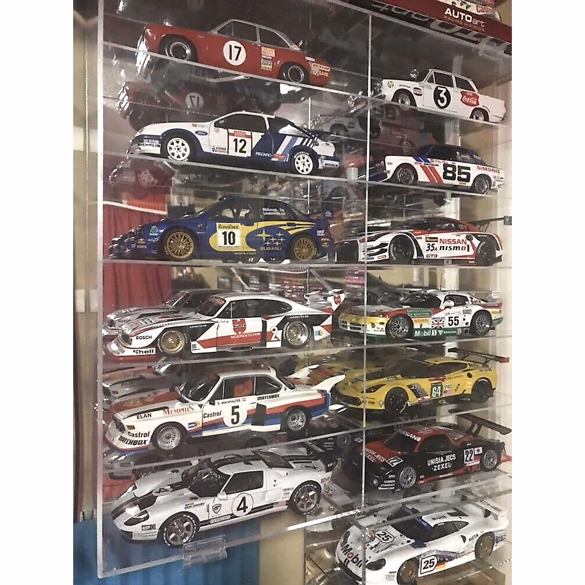 DisplayGifts 1/18 Scale Hot Diecast Toy Cars Wheels Clear Acrylic Display Case Wall Mountable Cabinet Hot 12 Cars Holder w/ Mirrored Background