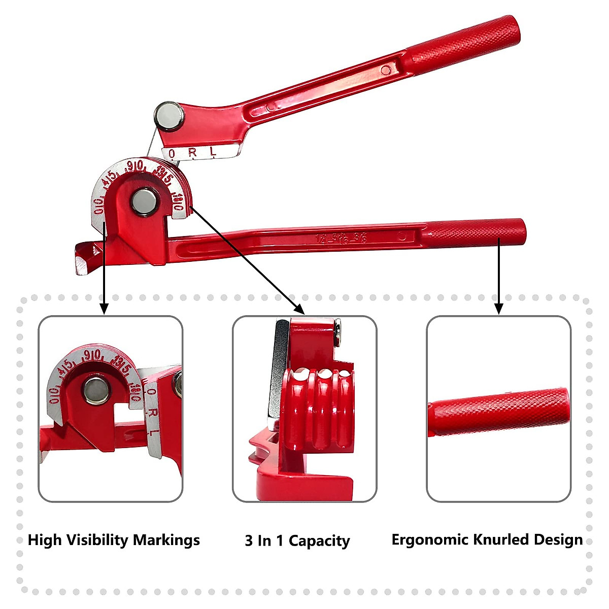 RiYii Tube Bender, 3 In 1 Copper Pipe Bender, 0-180 Degrees Tubing Bender, 1/4" 5/16" 3/8" Refrigeration Line Bending Tools for Copper, Brass, Soft Metal, Aluminum and Thin Stainless Steel Pipes, Red