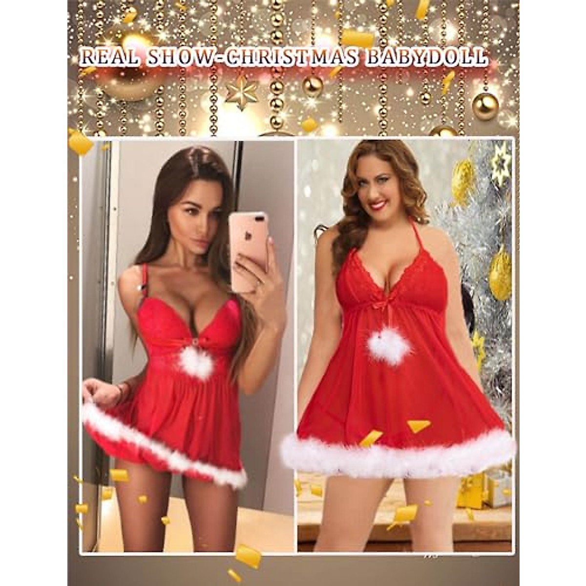 Avidlove Christmas Lingerie for Women Naughty Christmas Lingerie Lace Christmas Babydoll Lingerie Red, M
