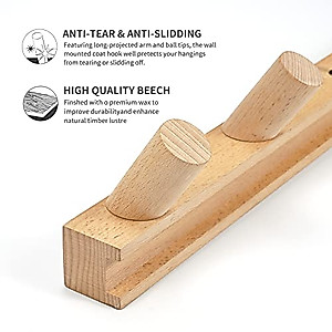 DRKUN Wood Coat Hook 15 Inch Wall Mounted Coat Rack Decorate 4 Hooks, Rubber Wood Hook for Clothes Hat Towel Robe