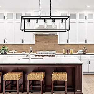 Black Farmhouse Kitchen Island Lighting Modern Linear Chandelier Industrial Dining Room Rectangular Light Fixtures for Living Room Foyer Bar (Black, 5-Light)