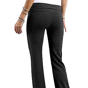 CNC STYLE P001 Women's Comfy Cotton Foled Waist Stretch Bootcut Yoga Leggings High Waisted Bootleg Flare Work Pants, Black, Small