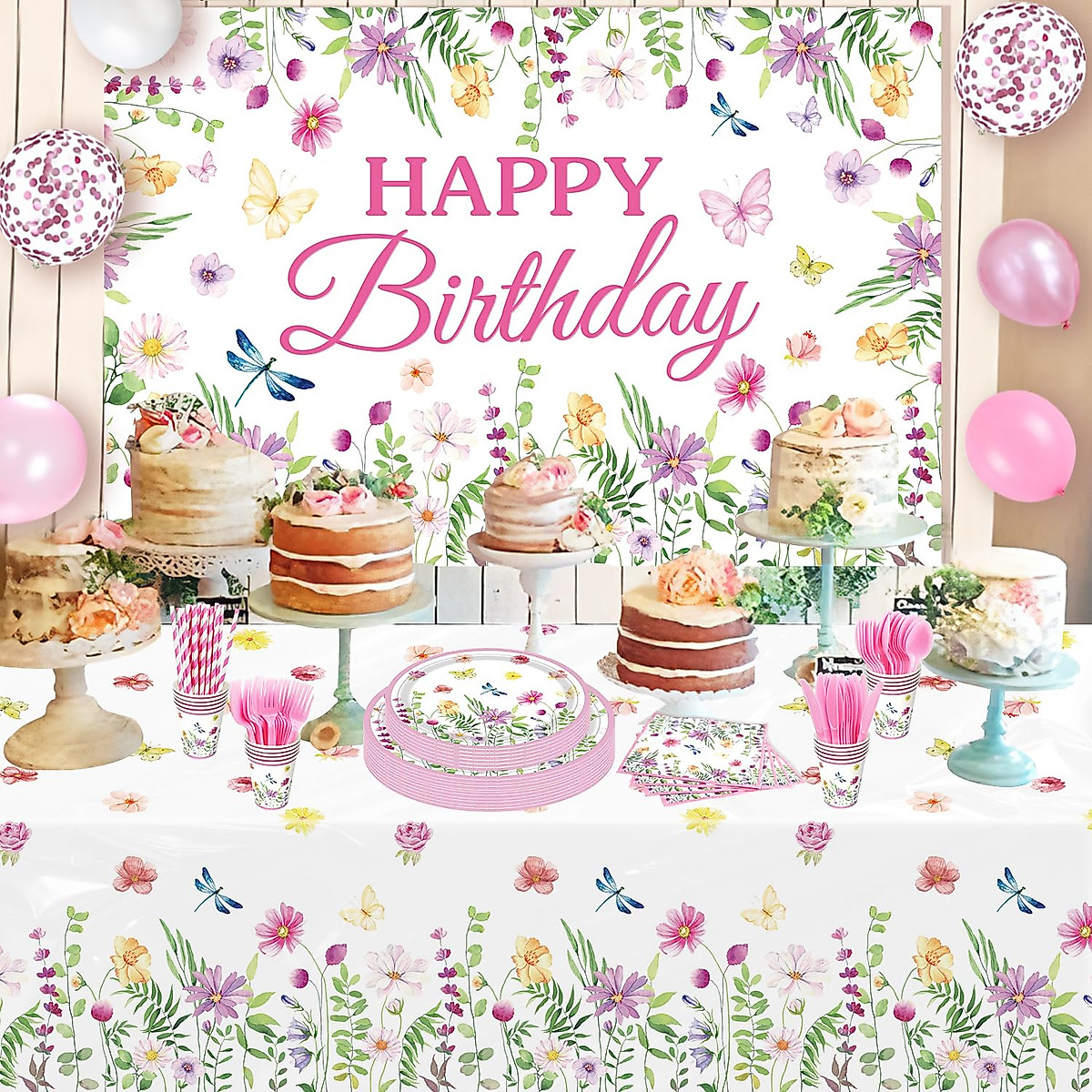 212 Pack Spring Wildflower Birthday Party Decorations Floral Tableware Plates Balloons Backdrop Set Wildflower Dinnerware Party Favor for Birthday Bridal Garden Tea Party Serves 20