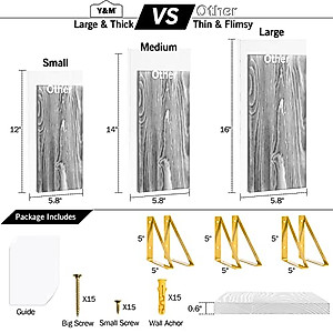 Y&M Floating Wall Shelves, Set of 3 Rustic Pine Wood Wall Mounted Shelf with Gold Metal Brackets, Decorative Storage for Bedroom, Bathroom, Modern Kitchen Living Room Storage & Decoration - White
