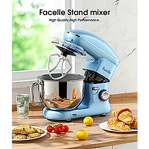 Facelle Electric Stand Mixer, 660W 6 Speed Kitchen Mixer with Pulse Button, Attachments include 6.5 Quart Bowl, Dishwasher Safe Flat Beater, Dough Hook, Wire Whisk & Splash Guard, for Dough, Baking,Cakes,Cookie, Blue