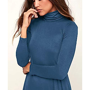 KEEDONE Women's Long Sleeve Turtleneck Casual Loose T-Shirt Dresses (S Elegant Blue)