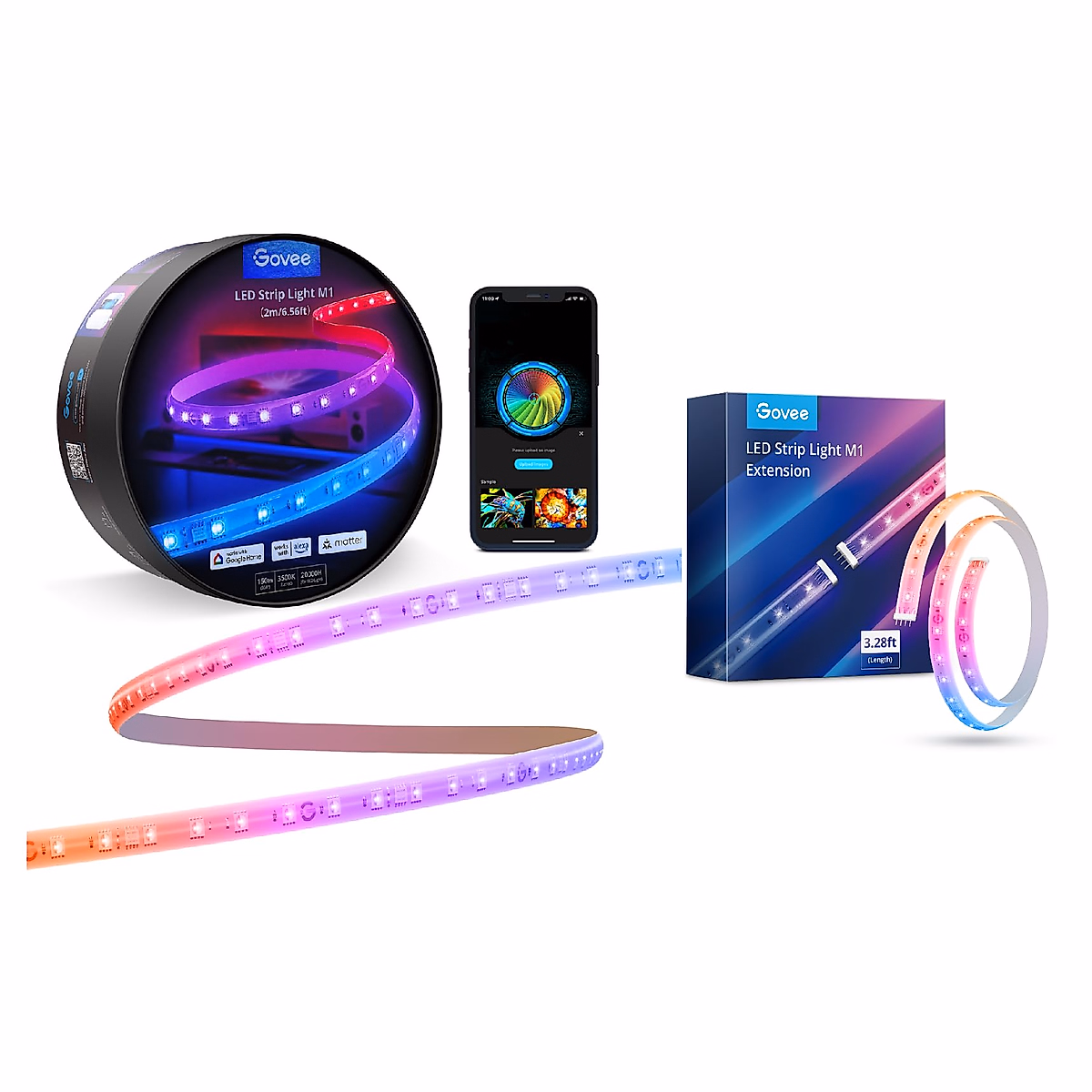 Govee RGBIC LED Strip Lights M1 with Matter, 6.56ft WiFi LED Lights for Cabinet, TV, Bed and Gaming Desk Bundle RGBIC LED Strip Lights M1, 3.28ft LED Lights Extension Without Plug