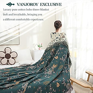 VANJOROY Boho 100% Cotton Large Throw Blanket - All Season Rustic Ultra Soft Breathable Floral Bird Blanket for Bed Sofa Couch Chair Bedspread Quilt Gift, 60" x 80"-Teal,Beige