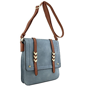 ALYSSA Double Compartment Large Flapover Crossbody Bag with Colorblock Straps (Blue Grey/Brown)