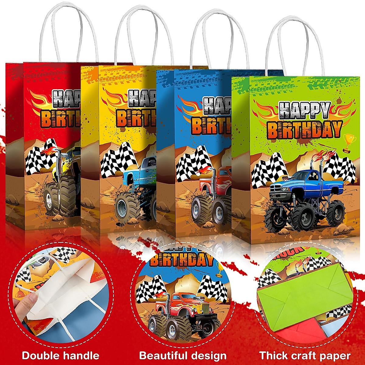 Pajean 28 Pcs Monsters Truck Party Favor Bags Themed Paper Gift Bags Racing Trucks Goody Treat Candy Bags for Monsters Truck Themed Birthday Party Supplies(16 Pcs, Simple)