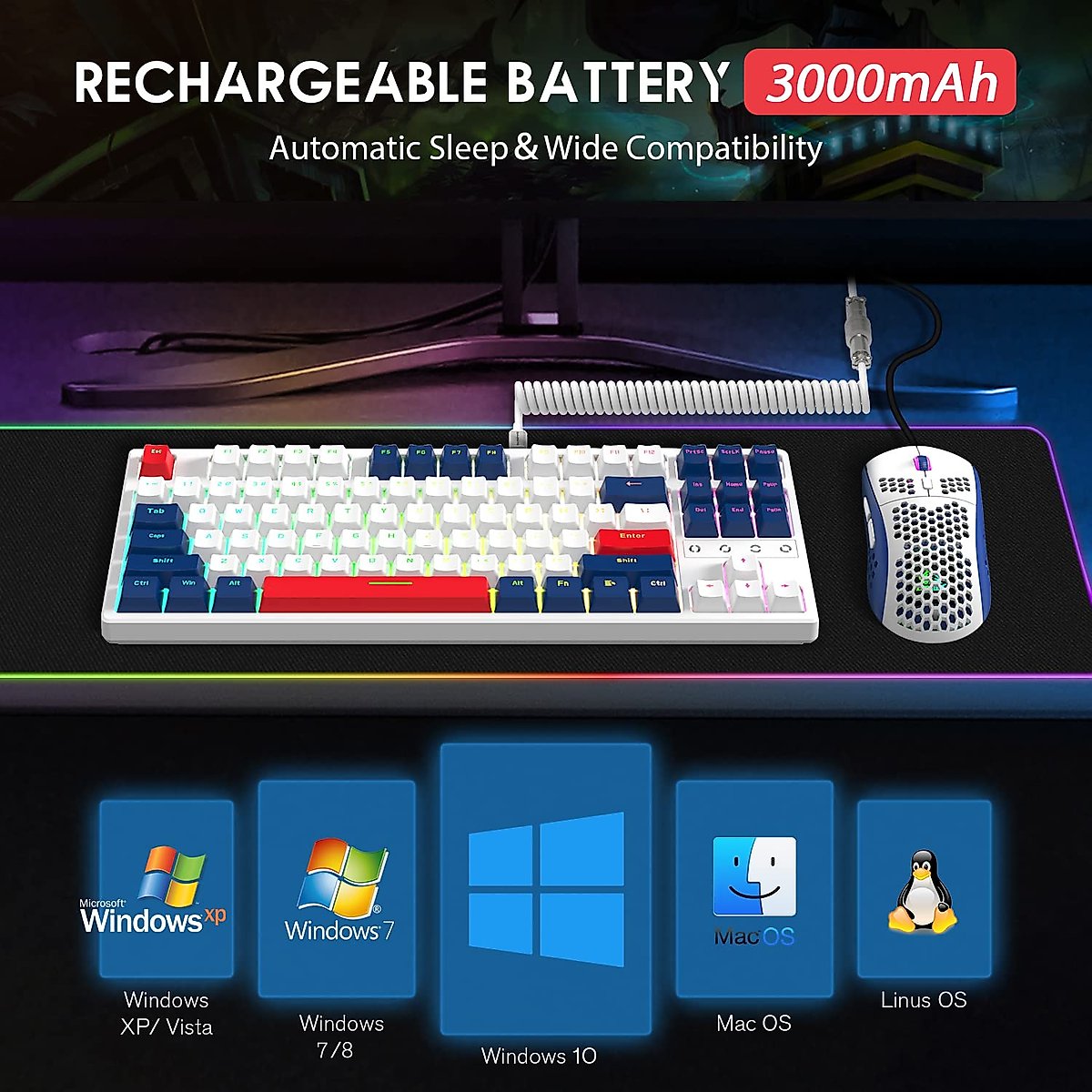 Wireless Gaming Keyboard and Custom Coiled USB C Cable,Triple Mode 2.4GHz/BT 5.0/USB-C,TKL Hot Swappable Mechanical Keyboard Yellow Switches,Rechargeable 3000mAh for PC PS5 PS4 Xbox-2 in 1 Kit