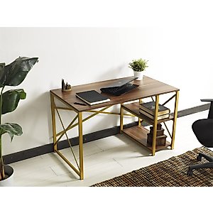LLS Computer Desk, Work Table Writing Desk Gaming Table Workstation with 47" Wooden Top & 2 Shelves, Writing Sturdy Table Computer Desk with Gold Metal Frame for Home Office Furnish Store, Brown