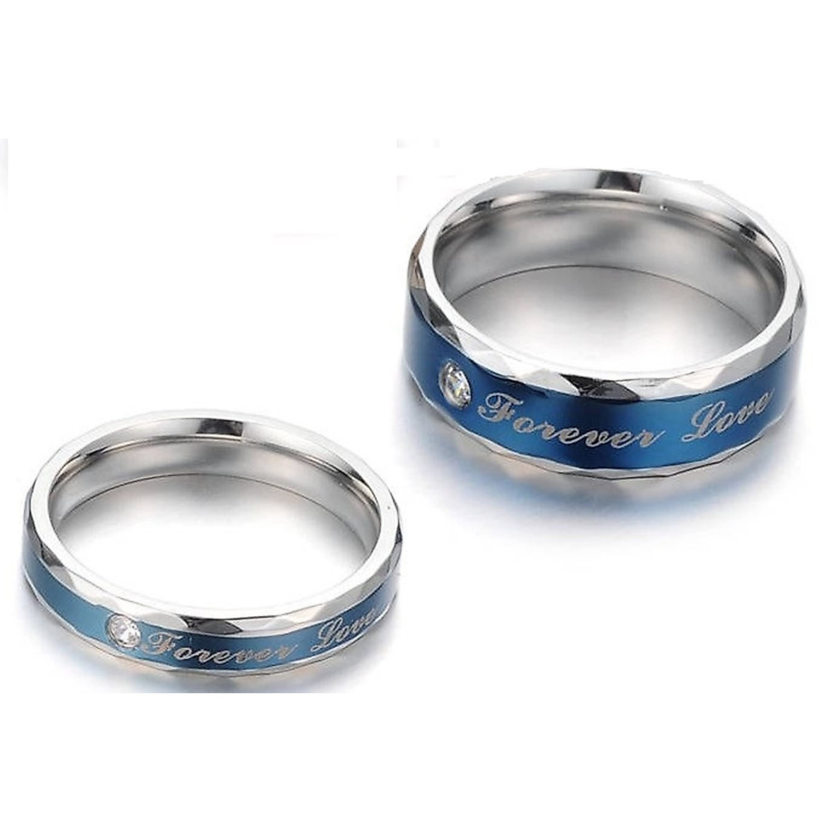 Matching Couple Rings Titanium Steel, Silver Blue His and Hers Wedding Ring Sets White Square CZ Engagement Ring Set Forever Love