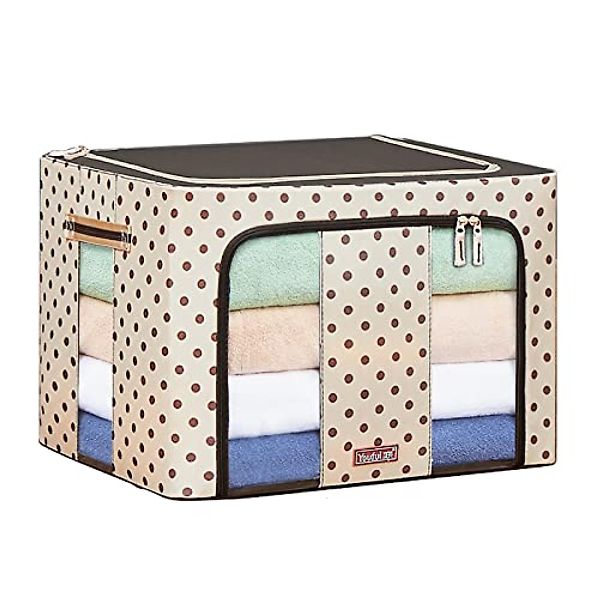 Oxford Fabric Storage Box with Steel Frame,Foldable Stackable Container Organizer with Large Window & Carry Handles Bedroom Closet Organization for Clothes Bedding Sheets Blanket Pillow Brown-66L