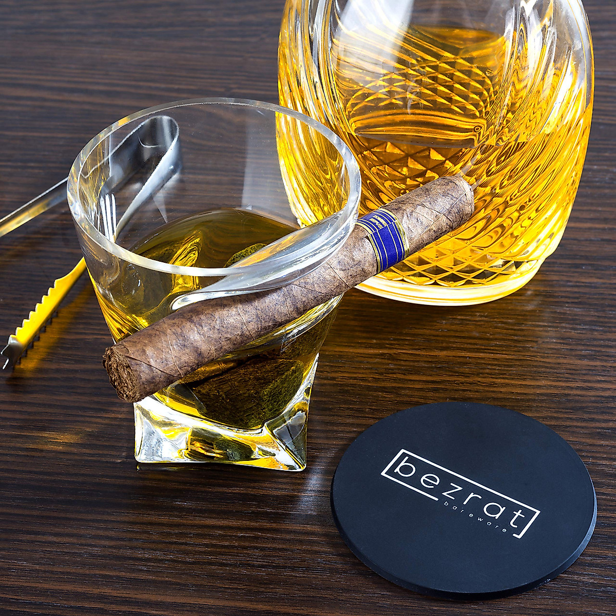 Whiskey Cigar Glasses with Side Mounted Cigar Holder, 10 oz + Whisky Chilling Stones and Accessories in Wooden Box - Scotch Bourbon Set for Dad, Husband, Fathers Day, Birthday Bezrat