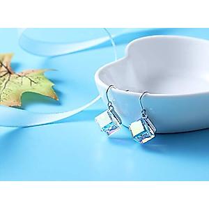 PLATO H S925 Sterling Silver Aurora Cube Earrings Crystals for Women with Exquisite Unique Gift Box Dainty Jewelry Anniversary Unique Gift for Mother's Day