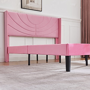 VECELO Full Size Upholstered Platform Bed Frame with Fabric Headboard,Wooden Slats Support/No Box Spring Needed/Mattress Foundation/Easy Assembly,Pink