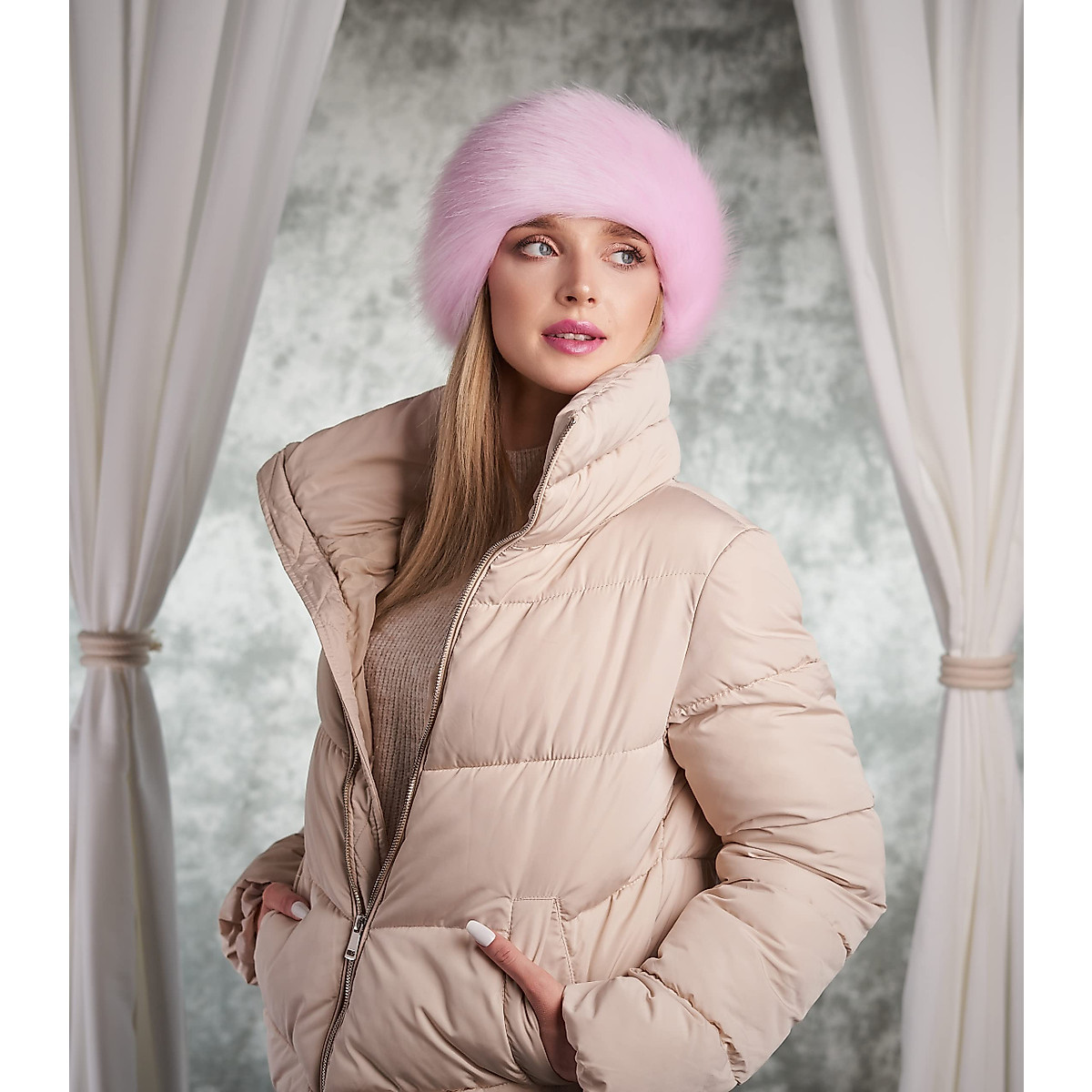 Futrzane Classic Headband - Faux Fur Headbands for Women - Furry Band for Winter (ONE, Pink Classic)