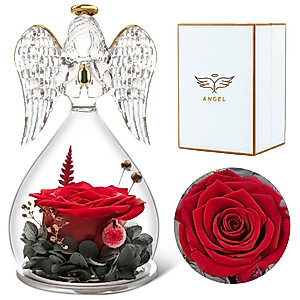 Sunia rolra Angel Rose Figurines Angel Gifts for Women, Preserved Flower Rose Glass Angel Gifts for Her Grandma Mom, Angels Figurines Guardian Unique Gifts Valentine Mothers Day Birthday Thanksgiving