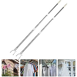 Pole 2pcs Clothes Reach Poles Retractable Clothes Drying Fork Stainless Steel Clothesline Rod Pole Wardrobe Hook Adjustable Reaching Pole for Balcony Closet Reach Tool