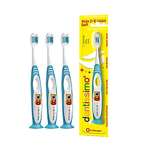 DENTISSIMO SWISS BIODENT Premium Oral Care Kids Toothbrush for Gentle Cleansing, Ages 2-6, Colors May Vary, Pack of 3