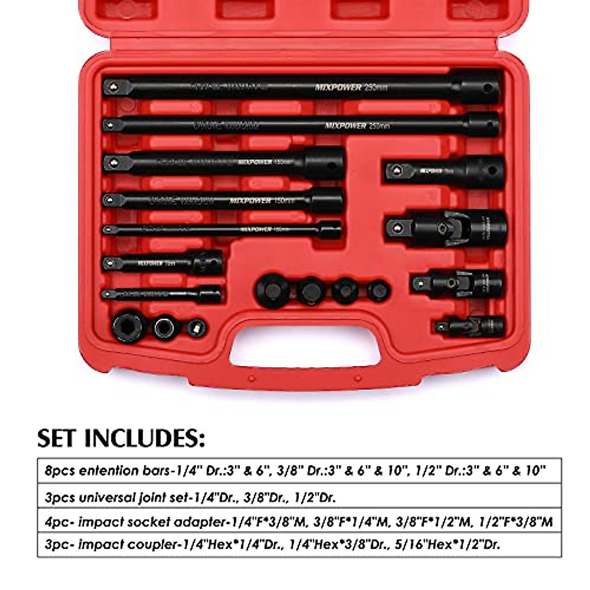 MIXPOWER 18 Pieces Drive Tool Accessory Set, CR-V Steel with Black Phosphate Finish, Includes Socket Adapters, Extensions and Universal Joints and Impact Coupler, Professional Socket Accessories