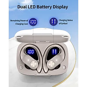 PocBuds Bluetooth Headphones Wireless Earbuds 80hrs Playtime Wireless Charging Case Digital Display Sport Ear buds with Earhook Deep Bass IPX7 Waterproof Over-Ear Earphones for Phone Laptop Pearl Gray