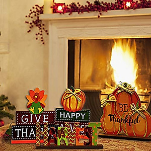 MorTime 4 Pack Thanksgiving Themed Table Centerpiece Signs, Wood Pumpkin Table Decor Harvest Autumn Glittery Pumpkins Table Topper for Home Office Thanksgiving Decorations