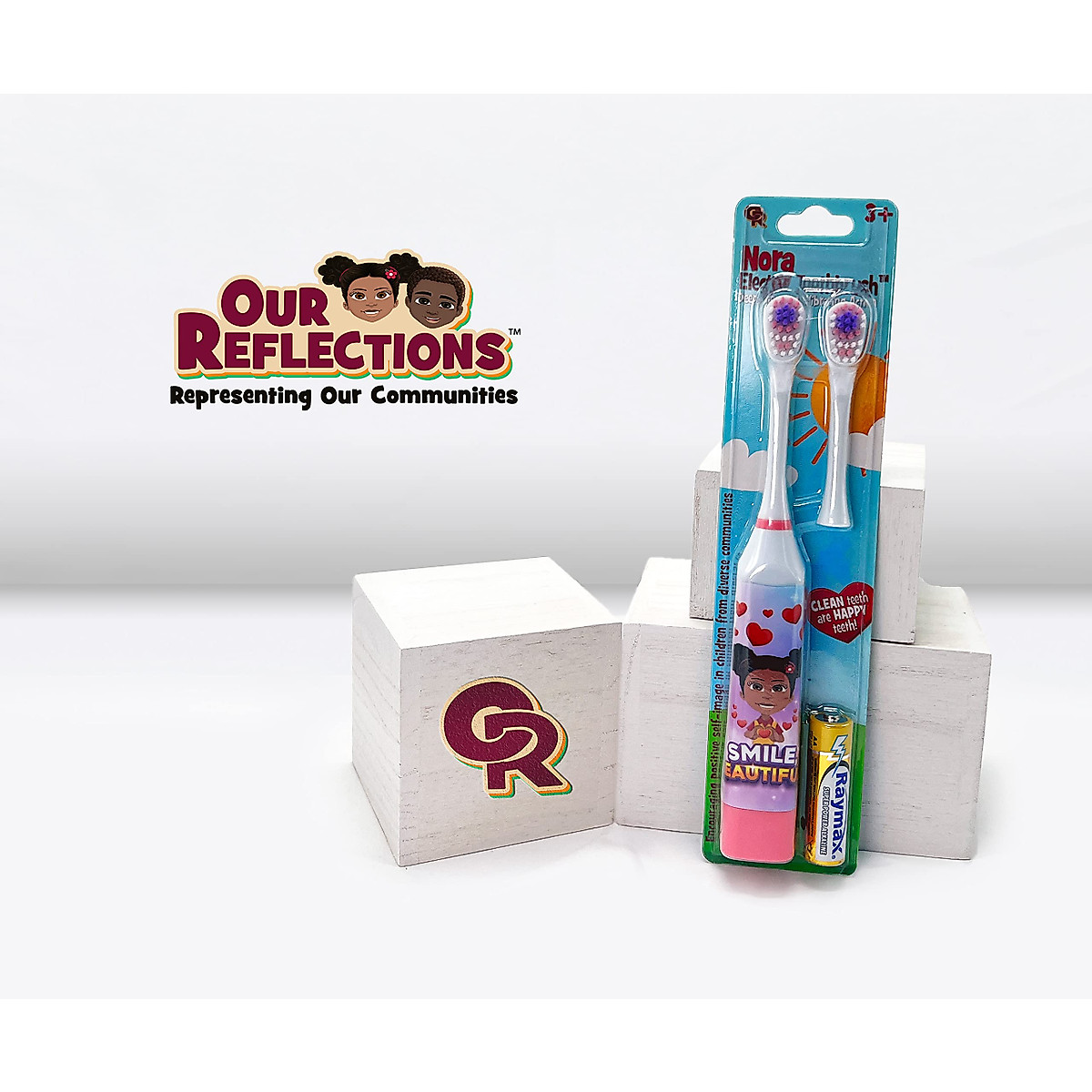 OUR REFLECTIONS Kids Battery Powered, 2 Toothbrush Heads, Soft Bristles, Ages 3 and up. Diversity Girl Nora, Boy John (Nora Electric Toothbrush, Pink)