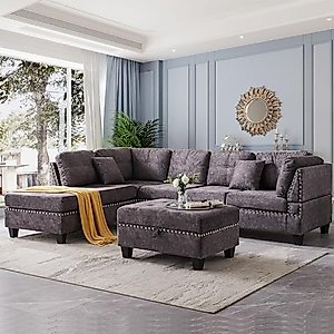 UBGO Living Room Furniture Sets,Modular Sectional Sofa Set,L-Shape Couch Set with Storage Ottoman and Two Small Pillow,Sofas & Couches with Reversible Chaise for Large Space Dorm Apartment-Gray