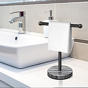 Hand Towel Holder Stand, Pynsseu Counter Freestanding Towel Rack with Marble Base, SUS304 Stainless Steel T-Shape Face Towels Standing for Bathroom Kitchen Vanity Countertop (Matte Black)