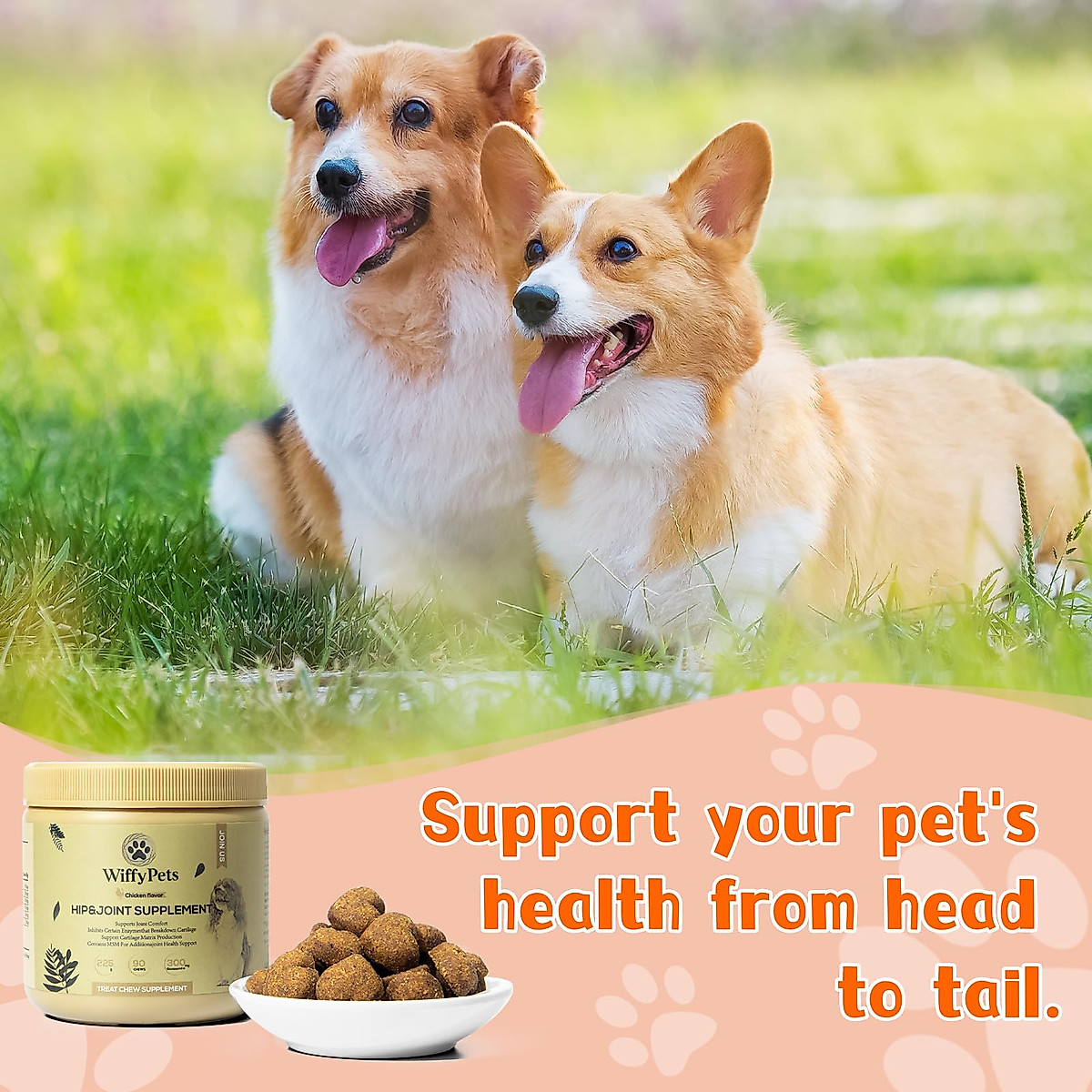 Wiffypets Hip and Joint Supplement Dogs with Glucasamine for Dogs, Hip Pain Relief for Small, Medium and Large Breed, Hip and Joint Chews for Dog MSM, Chondroitin 90 Count, Chicken Flavor